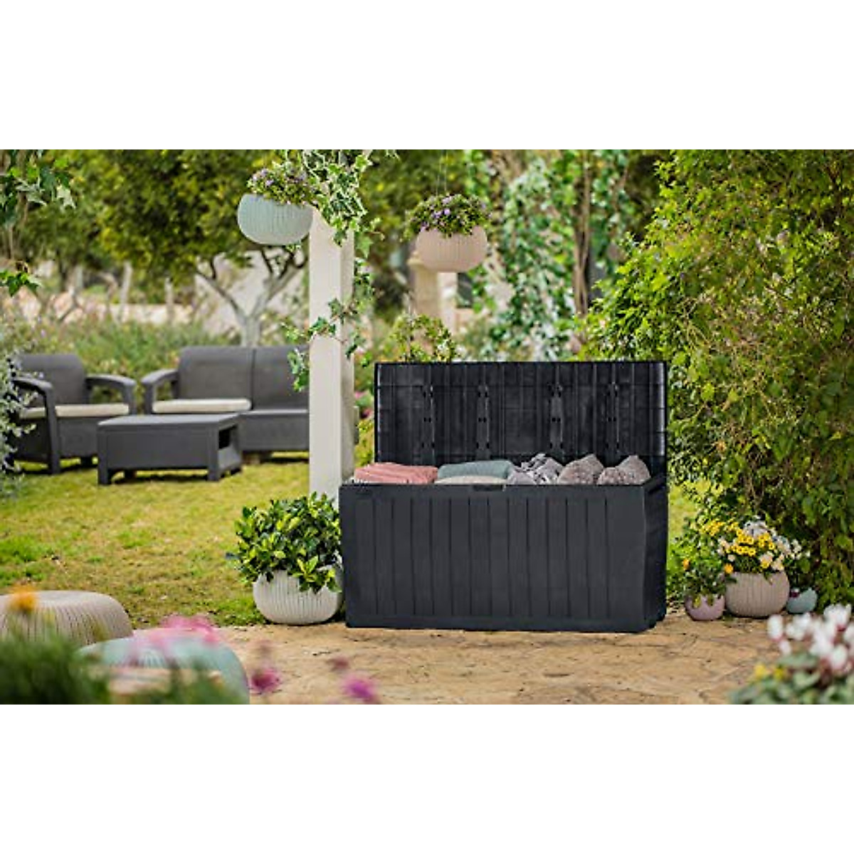 Keter Marvel+ 270L Outdoor 65% recycled Garden Furniture Storage Box Graphite Wood Panel Effect | Fade Free | All Weather Resistant | Safe and Secure | Zero Maintenance | 2 year Warranty