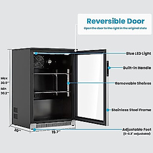 Advanics 20 Inch Wide Built in Beverage Refrigerator with Glass Door, Auto Defrost Beverage Fridge Under Counter, Blue LED Light Drink Cooler Refrigerator