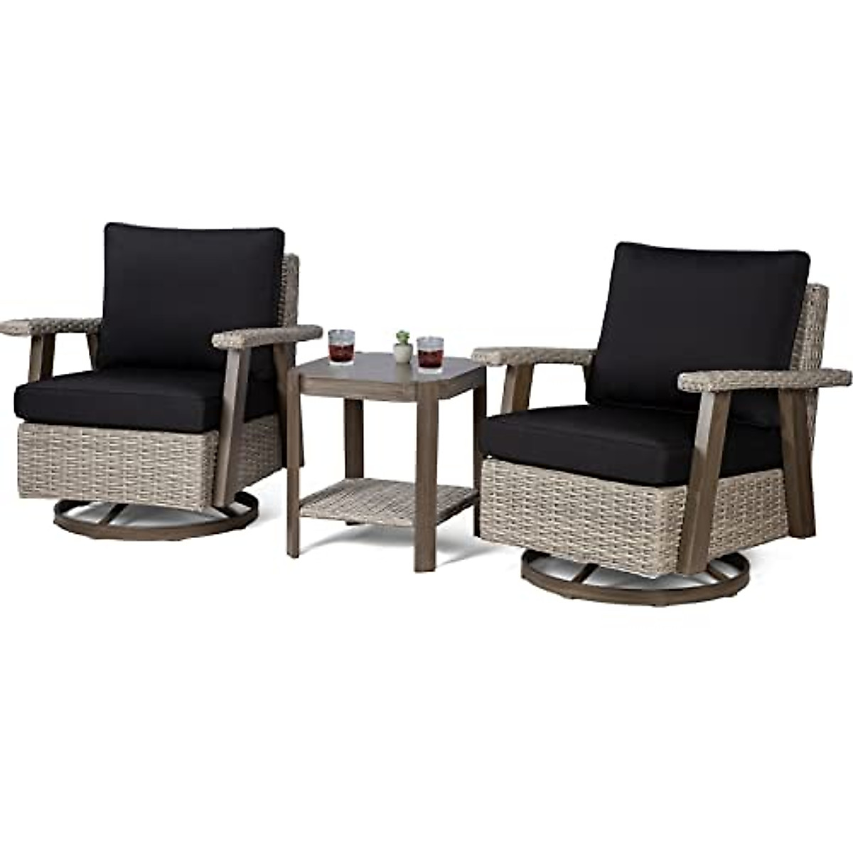 Joyside Outdoor 360 Degree Swivel Rocker Patio Chairs Sets of 2 and Matching Side Table - 3 Piece Wicker Patio Bistro Set with Premium Fabric Cushion(Grey/Black)