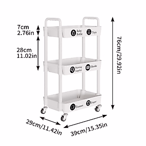 Laiensia 3-Tier Storage Cart,Multifunction Kitchen Storage Organizer,Mobile Shelving Unit Utility Rolling Cart with Lockable Wheels for Bathroom,Laundry,Living Room,With Classified Stickers,White
