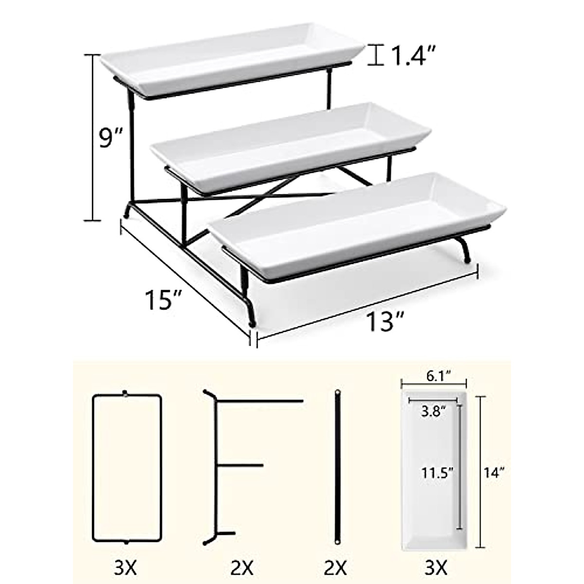 Yedio 3 Tier Serving Tray Set with Yedio 14” White Ceramic Serving Platters Set of 4