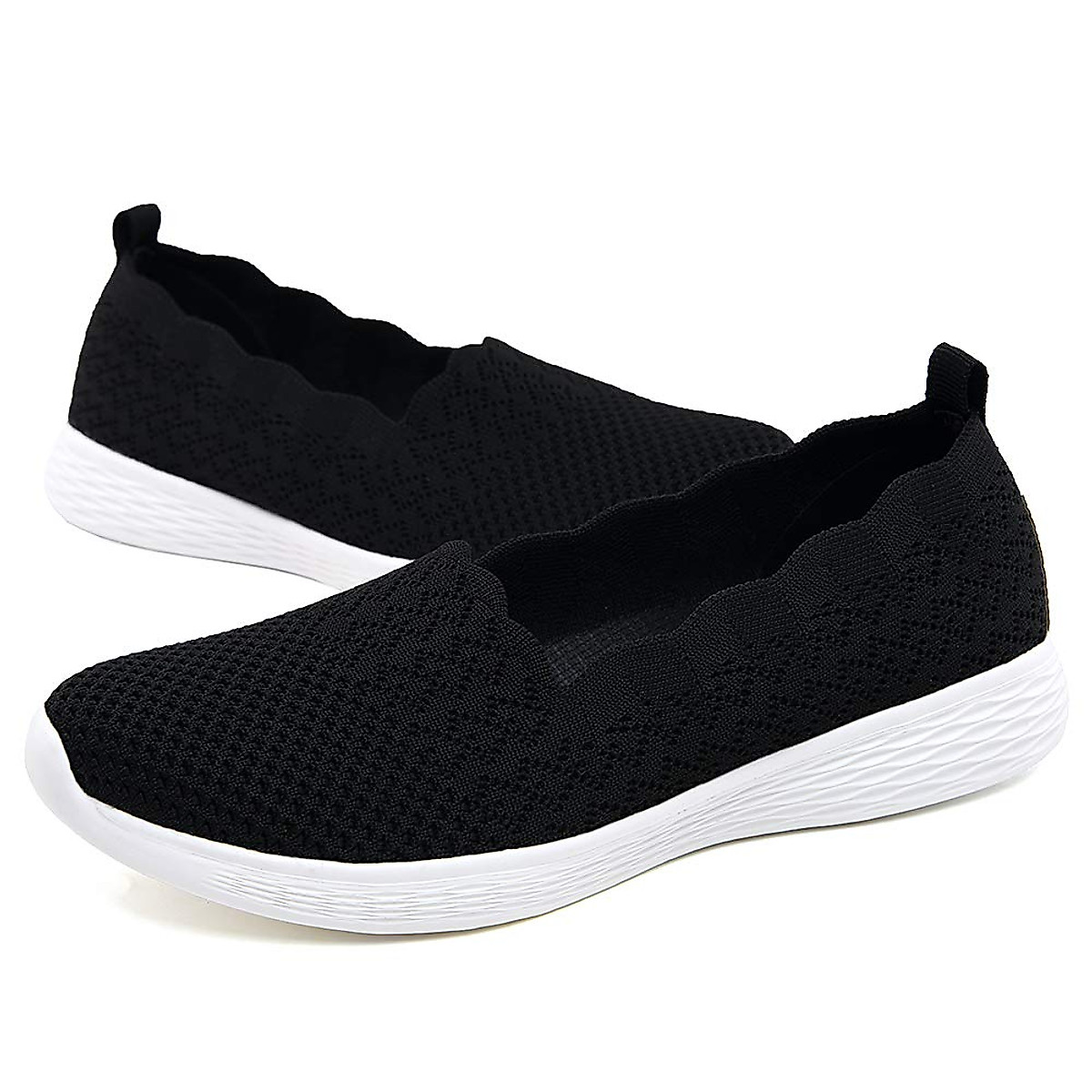 Puxowe Women's Slip on Wide Walking Flat Shoes-Comfortable Low-Top Knit Width Loafer Sneaker Black Size 9 US