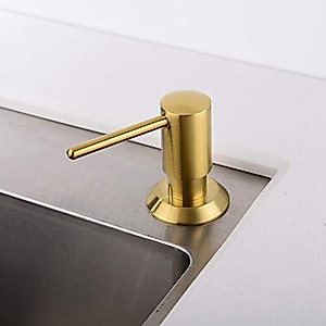 KMEINO Gold Soap Dispenser, Built in Undermount Soap Dispenser Brass Commercial, Brushed Gold Metal Pump Head Liquid Lotion Kitchen Countertop Soap Dispenser with 500ml PP Bottle