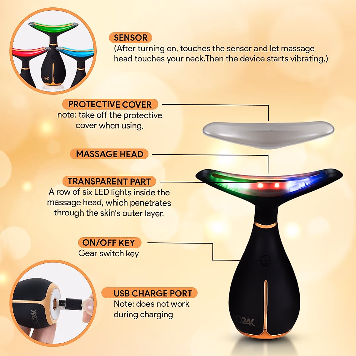 GLO24K Red Light Beauty Device for Face and Neck. Based on Triple Action L E D, Thermal, and Vibration Technologies.