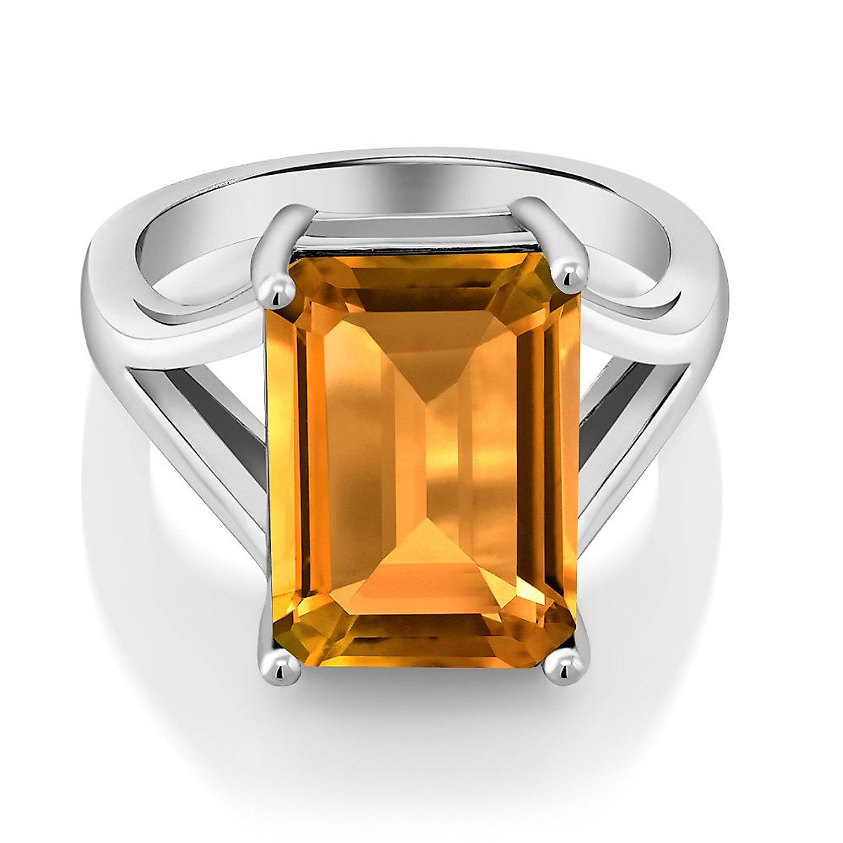 Gem Stone King 925 Sterling Silver Yellow Citrine Solitaire Engagement Ring For Women (8.20 Cttw, Emerald Cut 14X10MM, Gemstone Birthstone, Available 5,6,7,8,9) (Size 6)