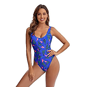 MIAIULIA Women's Retro 80s/90s Inspired High Cut Low Back Padding One Piece Swimwear Bathing Suits 90s Pattern RoyalBlue S