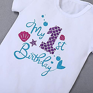 Mermaid 1st Birthday Outfit Baby Girl My First Birthday Cake Smash Photo Shoot Romper Little Mini Tutu Skirt Shiny Headband One Year Old Summer Nautical Ocean Themed Birthday Party Supplies Purple 1T