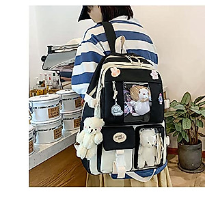 Kawaii Backpack 5Pcs Set Aesthetic School Bags 17in Cute Bookbag with Badge&Pendant,Shoulder Bag,Pencil Box,Tote Bag,Small Bag Black