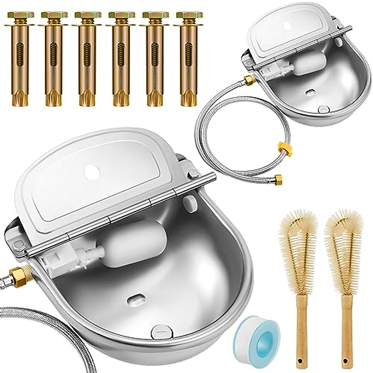2 Sets Automatic Animal Drinking Water Trough Bowl with Float Valve Water Feeder Waterer Kit Livestock for Dog Horse with Pipe Connector Countersunk Bolt (Normal Style,Stainless Steel)