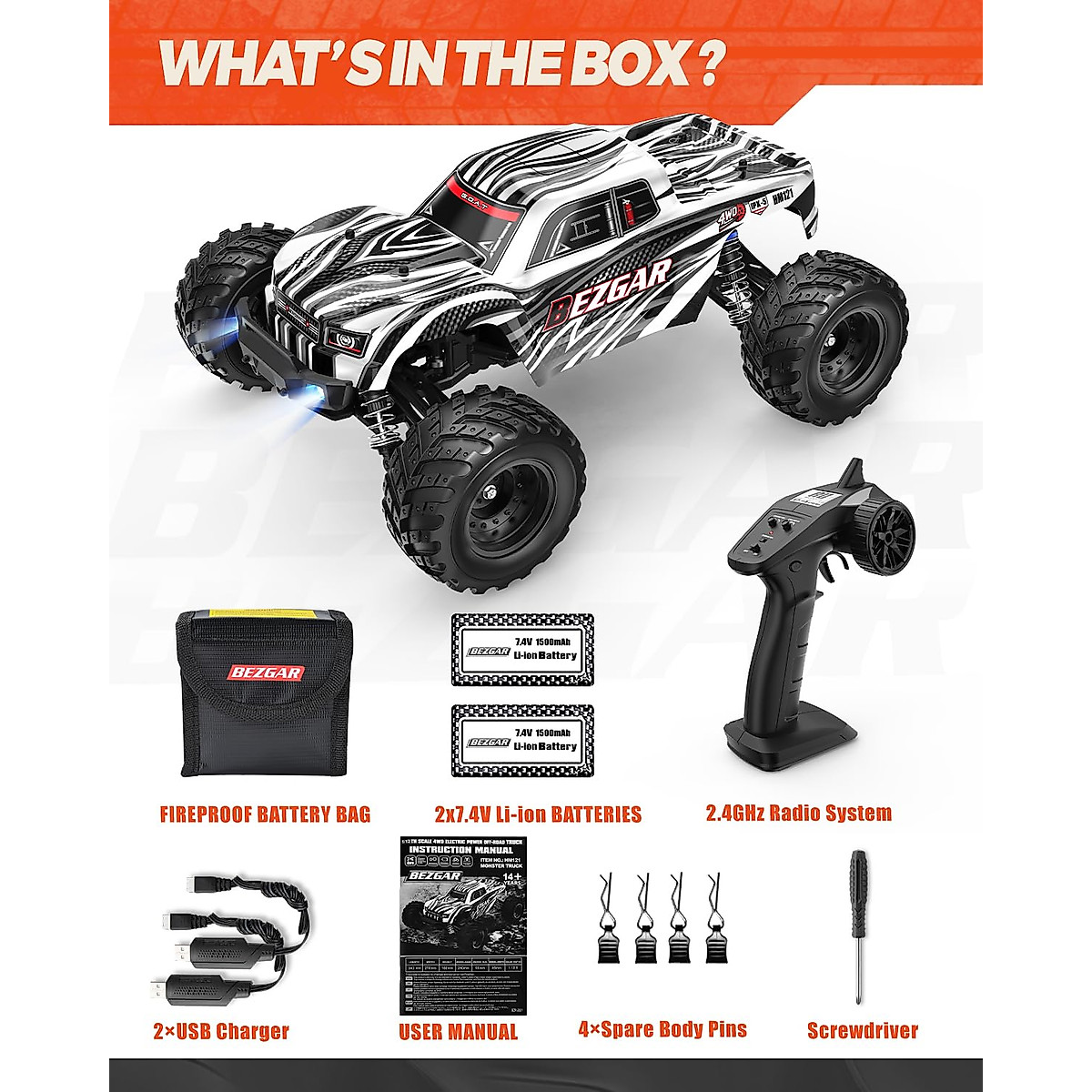 BEZGAR HM121 1:12 Scale RC Truck - 4x4 Offroad Waterproof High Speed 45+ KM/H Remote Control Truck for All Terrains, 2.4Ghz 4WD Fast RC Cars for Adults and Kids Boys with 2 Rechargebale Batteries