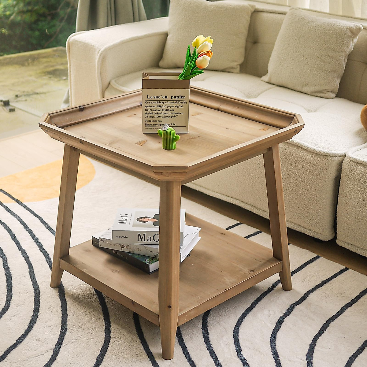 TIMBERMAVEN Rustic Farmhouse Square End Table, French Country Vintage Side Table, Boho Industrial with Storage Shelf for Living Room,café, Bedroom, Small Spaces,Solid Wood Nature White