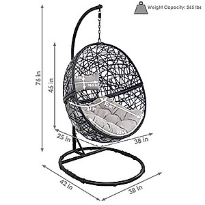 Sunnydaze Jackson Hanging Egg Chair with Steel Stand Set - All-Weather Construction - Resin Wicker Porch Chair - Large Basket Design - Outdoor Lounging Chair - Includes Gray Cushions