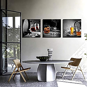 Kitchen Wall Decor Red Wine Cups 3 Piece Black and white Lighted cigarette Canvas Prints Modern Framed Wall Art Pictures Paintings Wine Glass Barrel for Home Decoration