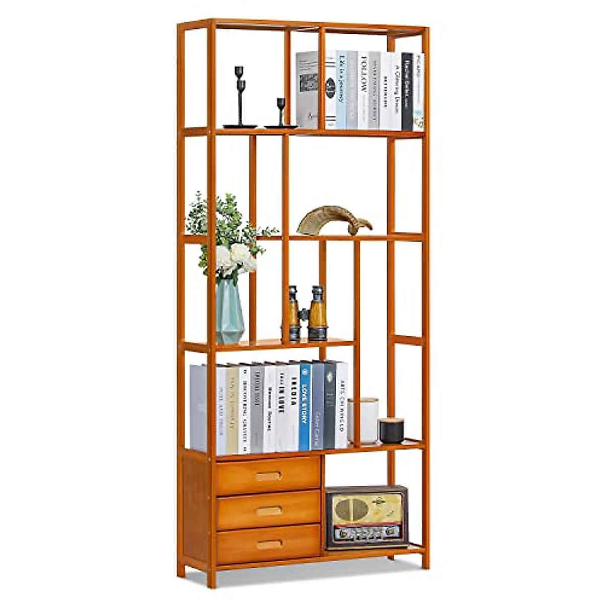 MoNiBloom 4 Tier Bookcase with 3 Drawers, Bamboo Freestanding Ventilated Display Shelf Storage Organizer Cabinet for Bedroom Living Room Office Décor, Brown
