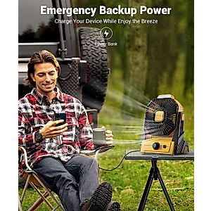 KopBeau Portable Camping Fan with Lights, 20000mAh Rechargeable Battery Operated Fan, Battery Powered Outdoor Beach Tent Fan with 3 Speeds & Hook, Personal USB Table Fan for Camping Accessories