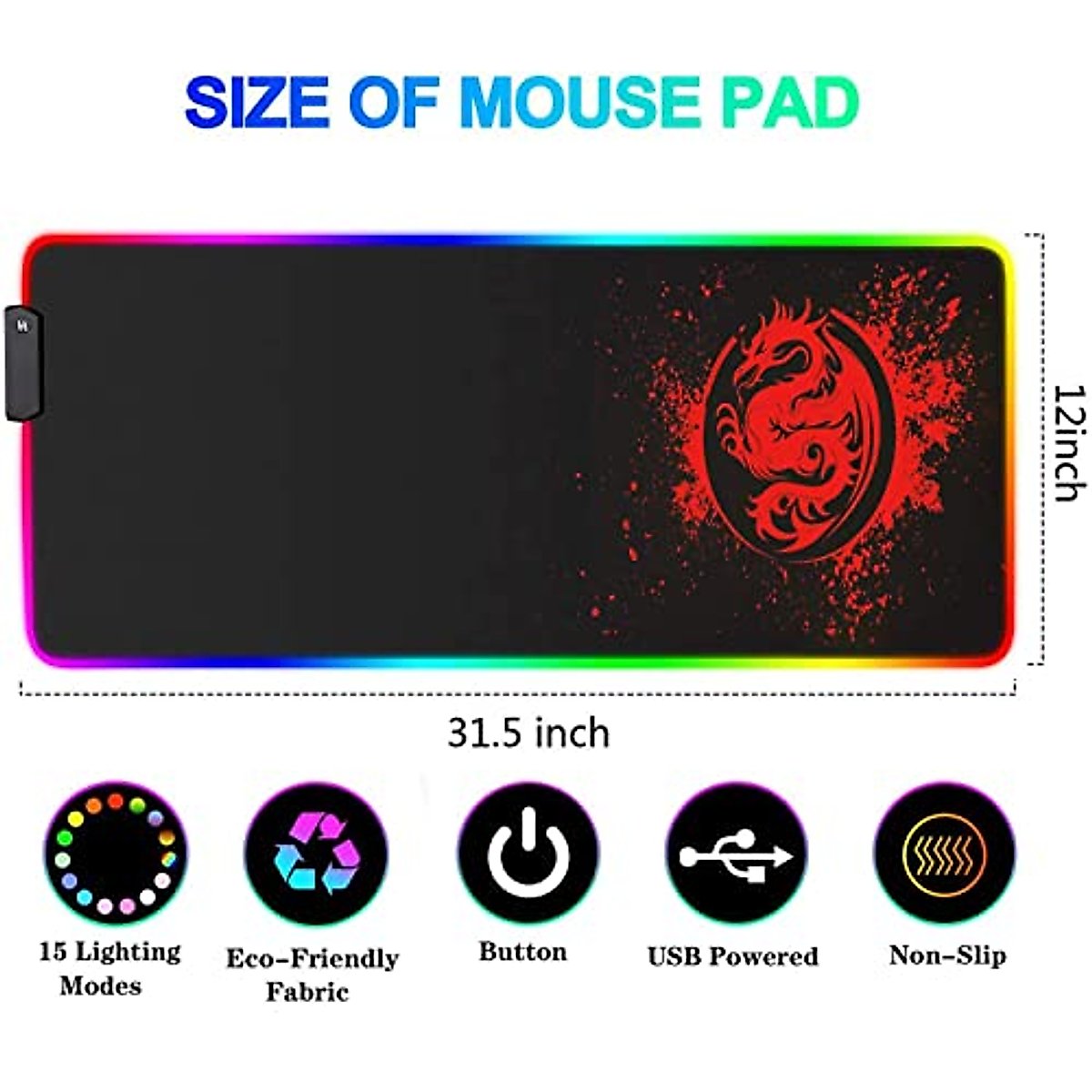 Large RGB Gaming Mouse Pad - 15 Light Modes Extended Computer Keyboard Mat, Anime Dragon Mouse Pad，High-Performance Mouse Pad Optimized for Gamer 31.5 X 12in (Red)