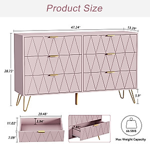 UEV 6 Drawer Dresser for Bedroom,Pink Dresser with Wide Drawers and Metal Handles,Modern Dresser Chest for Bedroom,Living Room,Entryway(Large Pink)
