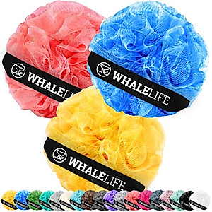 WhaleLife Bath Loofah Sponge Shower Pouf Puff for Men Women 3 Pack (Pink Blue Yellow)