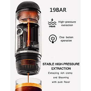 Portable Espresso Coffee Maker Electric Expresso Maker Self Heating Battery Powered, 19 Bar Pressure, Coffee Machine with Ground Coffee & NS Capsule for Travel, Camping, RV, Hiking, Office (Black)