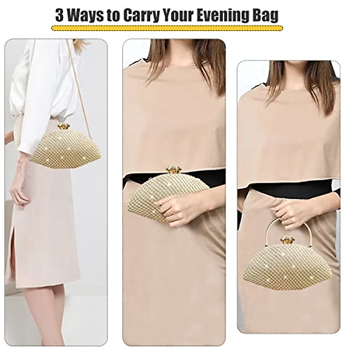 JIYIFOUHY Rhinestone Gold Clutch Purses for Women, Sparkly Rhinestone Evening Bag Bling Handbag Shoulder Bag with Detachable Chain Strap Handle for Wedding Party Prom