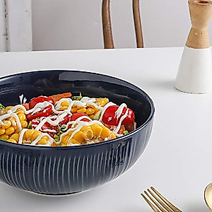 KOOV 58 OZ Ceramic Large Bowl Set, Large Salad Bowls Set, Big Bowl for Eating, Pho Bowl Set, Soup Bowl Microwave Safe, Ceramic Serving Bowl Set of 3, Irregular Striped Series (Aegean)