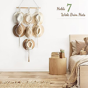 Dahey Macrame Hat Hangers Hat Rack for Wall Cowboy Hat Holder Organizer Display for Closet Hand Weaving Bobo Hanging Hat Organizer Storage for Wide Brim Hats Bowler Fedora Hats, 7 Hats Style
