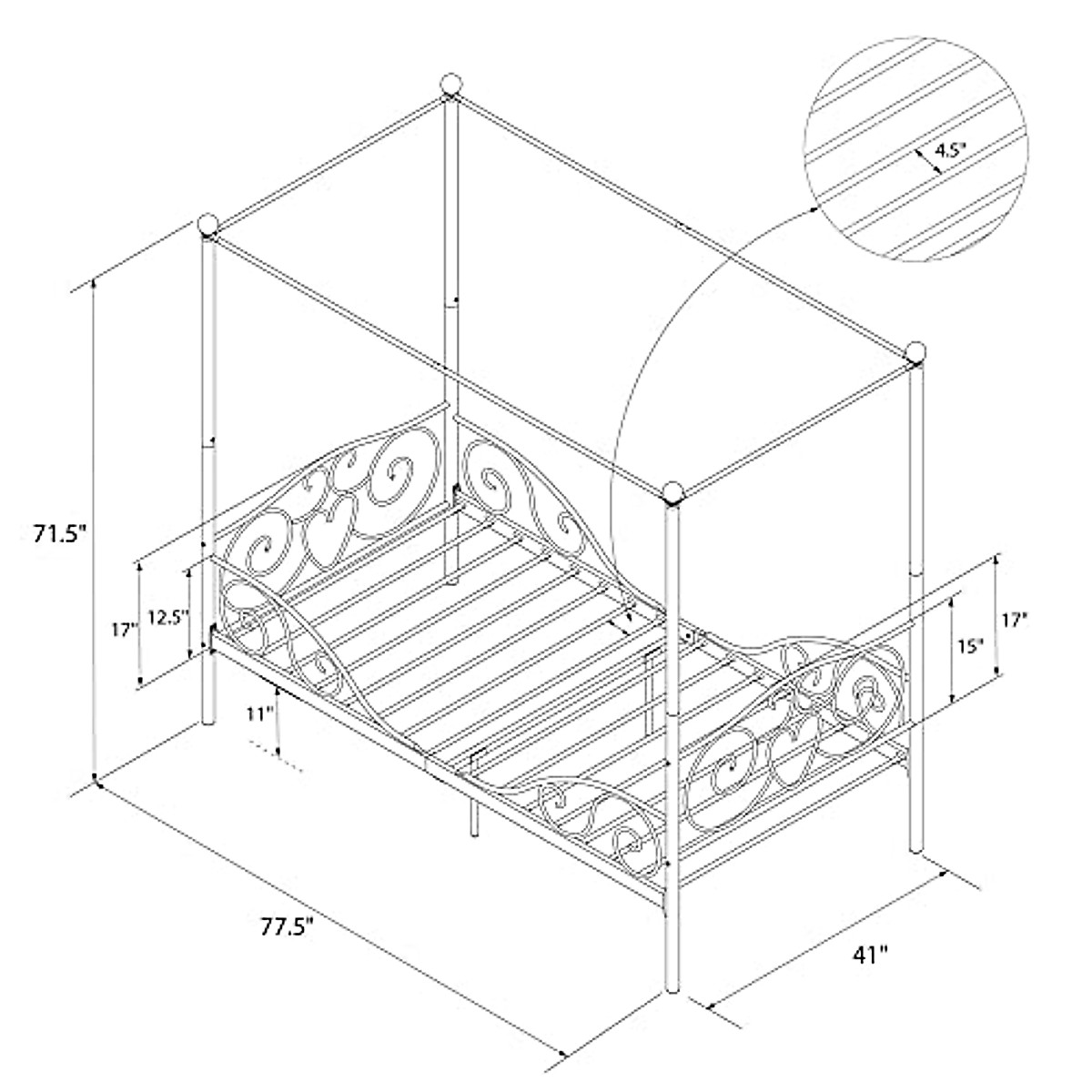 DHP Metal Canopy Kids Platform Bed with Four Poster Design, Scrollwork Headboard and Footboard, Underbed Storage Space, No Box Sring Needed, Twin, White