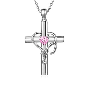 LONAGO Stethoscope Necklace Silver Cross Pendant Necklace with October Birthstone Stethoscope Jewelry Graduation Gift for Women