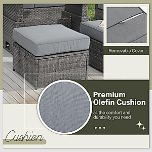 SUNSITT Outdoor Patio Ottoman Set of 2, All Weather Rattan Outdoor Ottoman Set, Grey Wicker Footstool Ottoman Footrest Seat w/Olefin Grey Cushions for Balcony, Porch and Deck