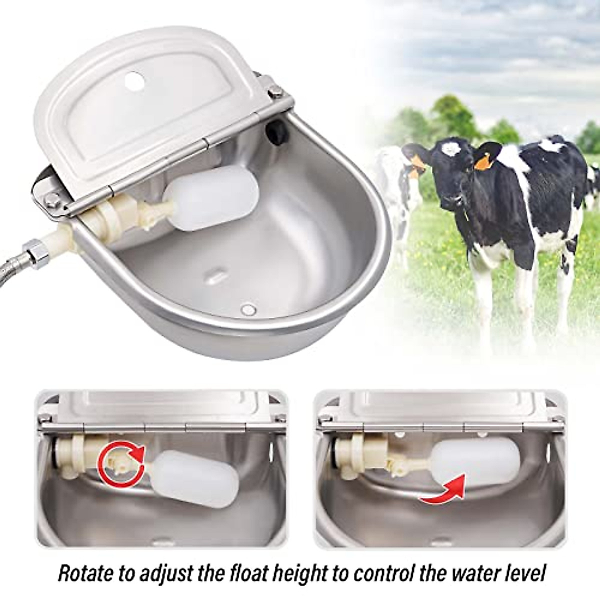 ZHEQOGZH Automatic Dog Water Dispenser Water Trough for Livestock Pig Chicken Waterer Stainless Steel Automatic Waterer Bowl with Float Valve Drain Plug Braided Hose Garden Hose Quick Connect Fittings