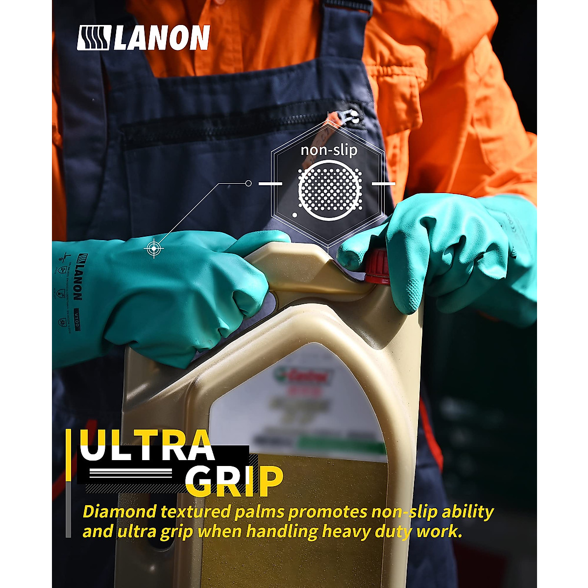 LANON 3 Pairs Nitrile Chemical Resistant Gloves, Reusable Heavy-Duty Rubber Gloves, Acid, Alkali & Oil Protection, Non-Slip, Large