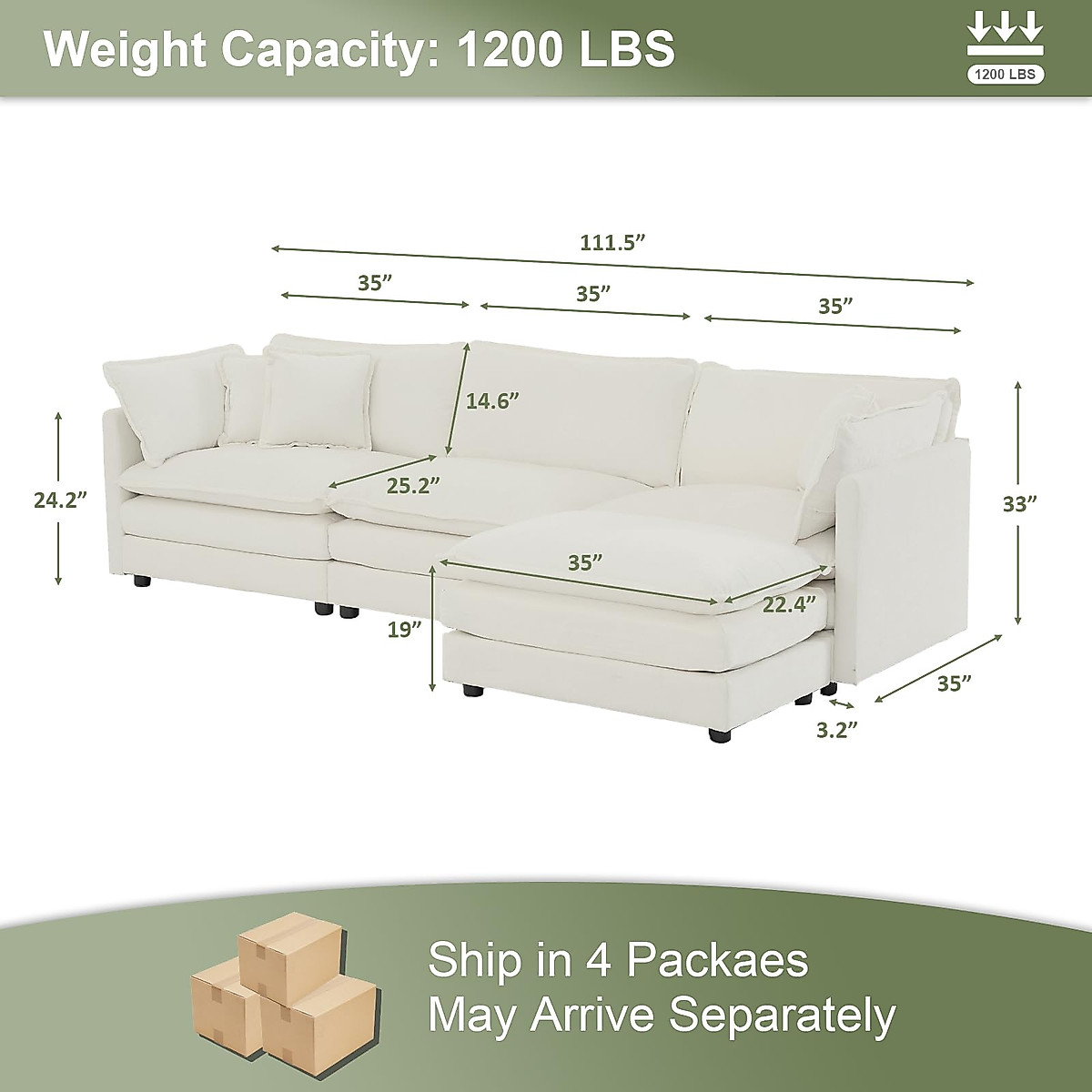Oversize Mondular Sectional Sofa, 111.5'' Chenille Large L Shaped Couch with Reversible Chaise & Cushions, Big Cloud Couch for Living Room, Modern Comfortable Couch for Bedroom(4 Seater, Beige White)