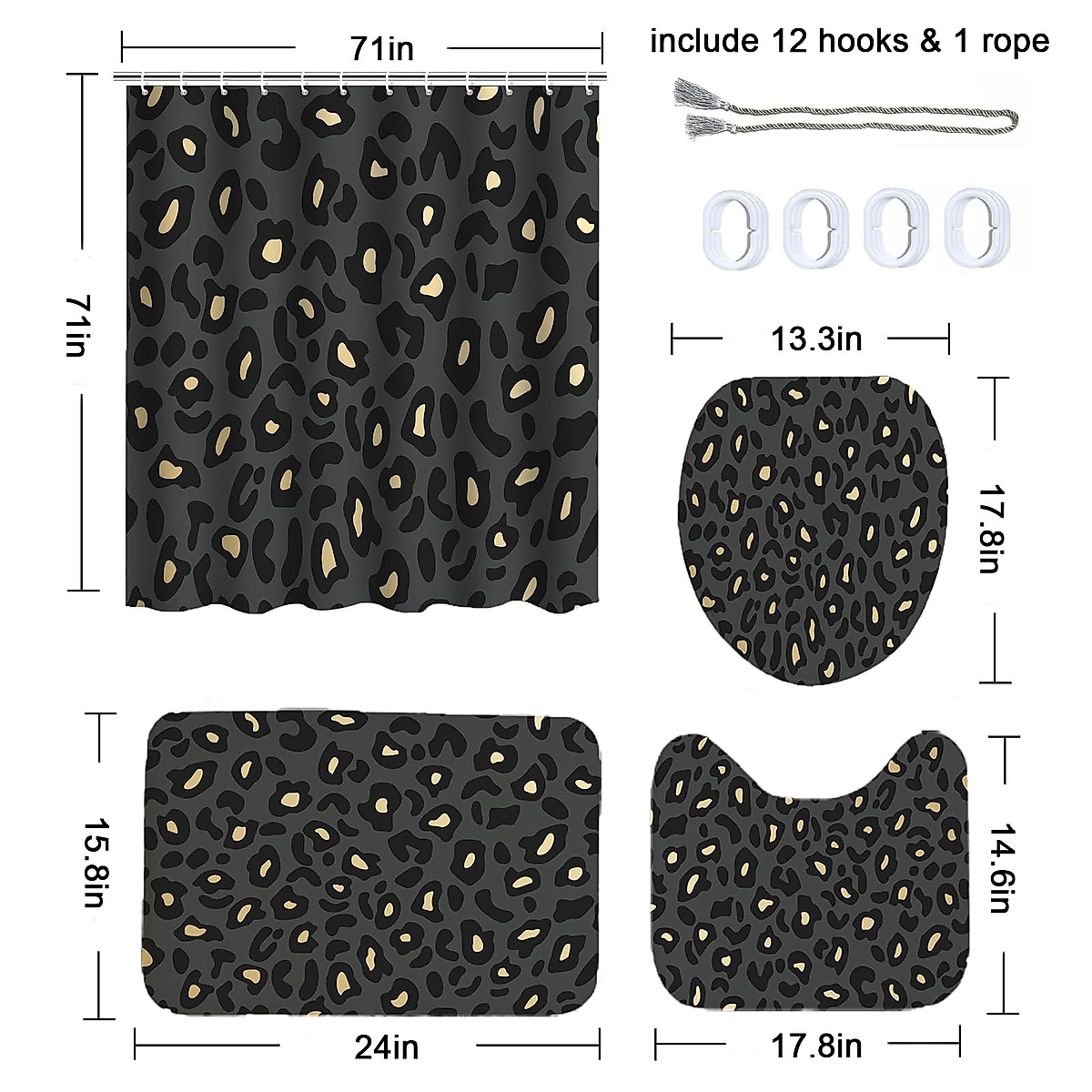 Mightree Bathroom Shower Curtains 4 PCS Sets, Waterproof Fabric Bathroom Curtain with 12 Hooks, Toilet Lid Cover and Bath Mat, Non-Slip Rug Foot Mat, Shower Curtain and Rug Set, Black, Large