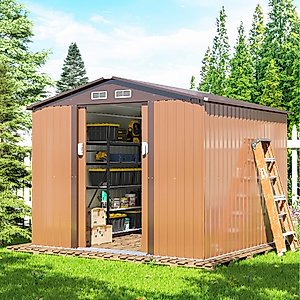 JAXPETY 6’ x 8’ Outdoor Metal Storage Shed, Lawn Equipment House with Lockable Sliding Door, Tool Organizer for Backyard Garden w/ Gable Roof, Vents, White and Gray