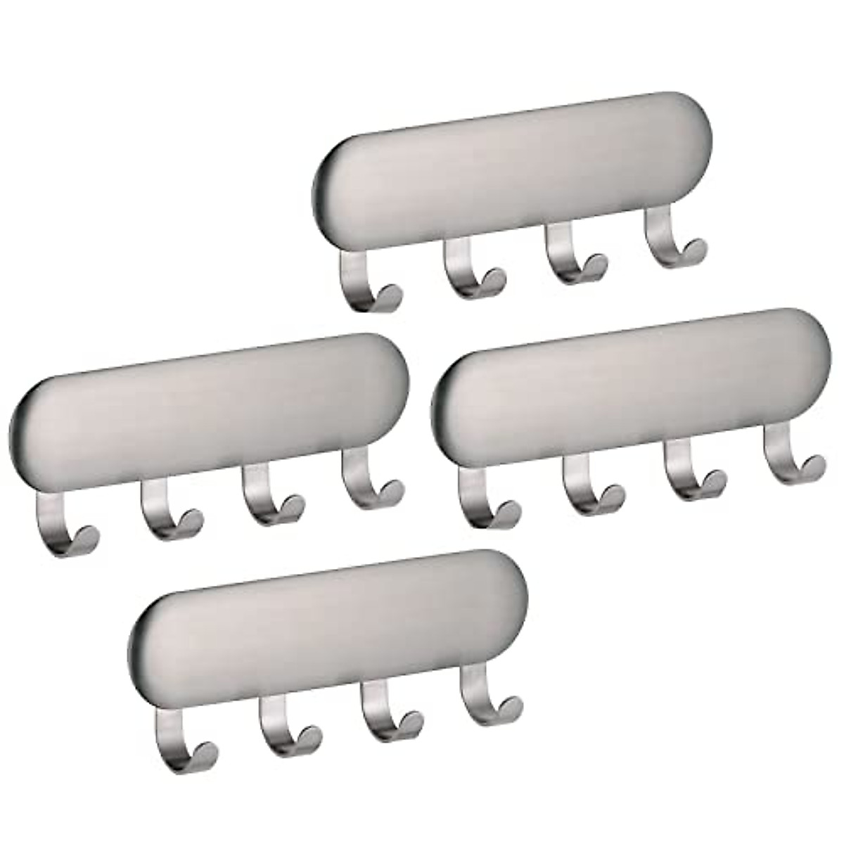 mDesign Metal Peel and Stick Adhesive 4 Hook Storage Rack - Wall Mount Organizer for Entryway, Mudroom, Hallway, Kitchen, Office - Holds Car/House Keys, Leashes - 4 Pack - Brushed Stainless Steel