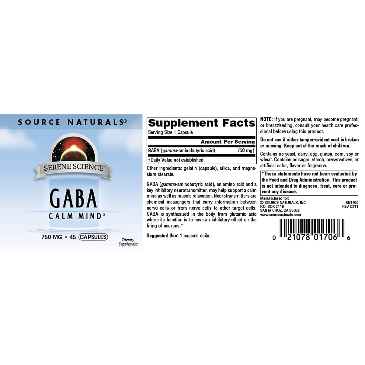 Source Naturals Serene Science GABA, for a Calm Mind, 750mg - 45 Capsules