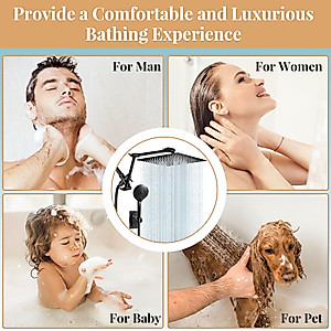 12'' Rain Shower Head with Handheld Spray, Black Shower Head High Pressure with 16'' Flexible Adjustment of Height/Angle Upgraded Extension Arm and 5 Setting Handheld Shower Head with Hose, Anti-leak