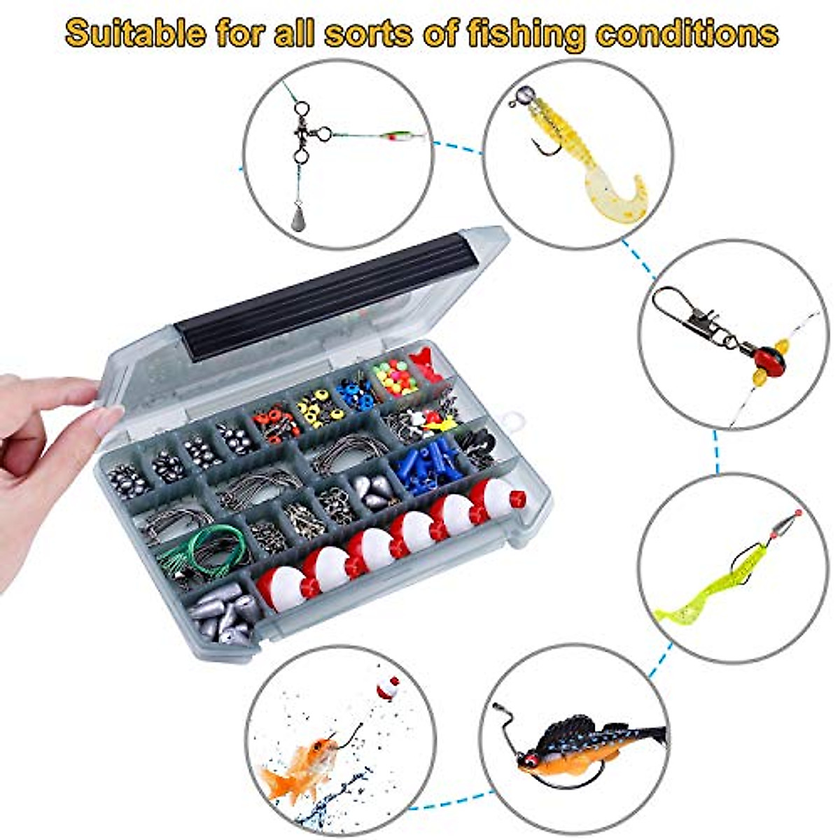 TOPFORT 187/343pcs Fishing Accessories Kit, Including Jig Hooks, Bullet Bass Casting Sinker Weights, Fishing Swivels Snaps, Sinker Slides, Fishing Set with Tackle Box