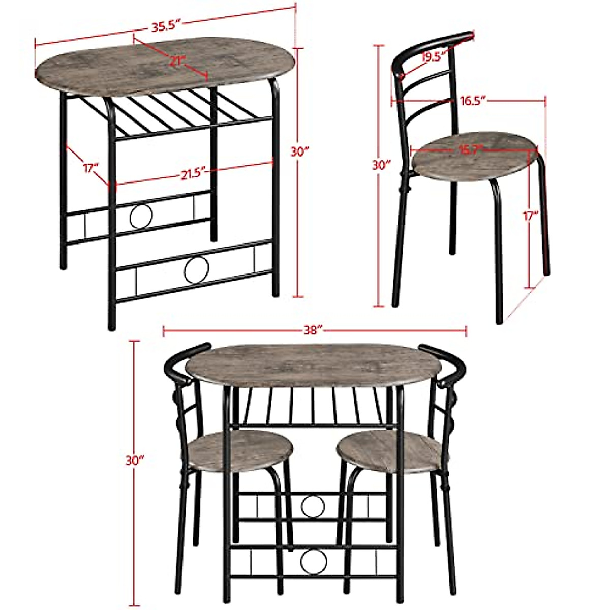 Yaheetech 3 Piece Round Dining Table Set Kitchen Breakfast Table Set for 2 Dining Table with 2 Chairs Space Saving Table Set w/Metal Frame, Wine Rack for Small Space/Apartment, Drift Brown