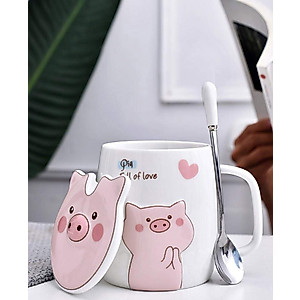 Ceramics Pig Relief Coffee Mug Water Tea Cup With Lid Spoon