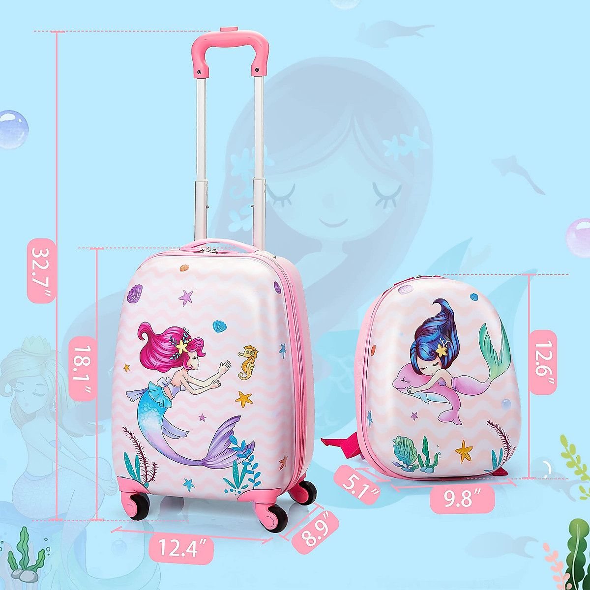 VLIVE Kid Luggage w/Wheels for Girls, Toddler Rolling 16in Suitcase w/12in Backpack, Girl Travel Carry-on(Mermaid)