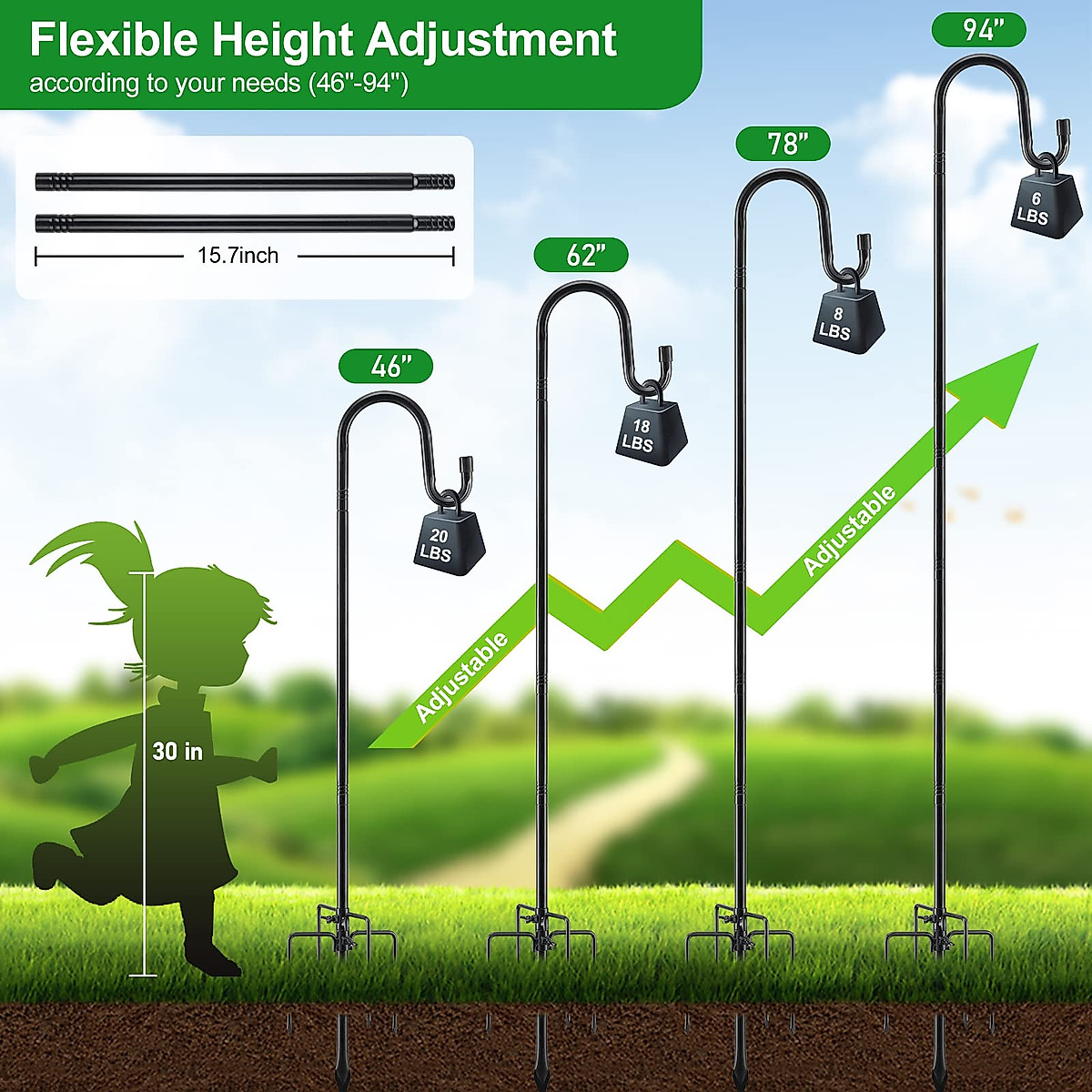 Bird Feeder Pole Hanger - 78 Inch Heavy-duty Shepherds Hooks for Outdoor Garden Decor,Adjustable 5 Prong Shepards Hook Hummingbird Feeder Stand for Hanging Birdfeeders,Wind Chime,Plant - Black