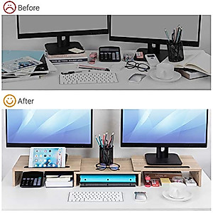 AMERIERGO Dual Monitor Stand -Adjustable Length and Angle Dual Monitor Riser, Computer Monitor Stand w/2 Slot, Desktop Organizer, Monitor Stand Riser for PC, Computer, Laptop (Wood)
