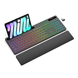 Soueto Wireless Keyboard with 7 Colors & 4 Modes RGB Backlit, Ergonomic Keyboard with Wrist Rest, Phone Tablet Holder, 2.4G Light Up Computer Keyboard with Numeric Keypad for Mac, Windows