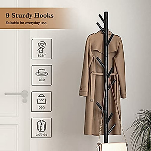 NicQliear Wooden Freestanding Coat Rack with 9 Hooks, Adjustable Coat Rack Stand 69.3" to Hang Clothes/Bags/Hats, Standing Coat Tree Perfect for Bedroom/Entryway/Hallway, Easy Assembly, Black
