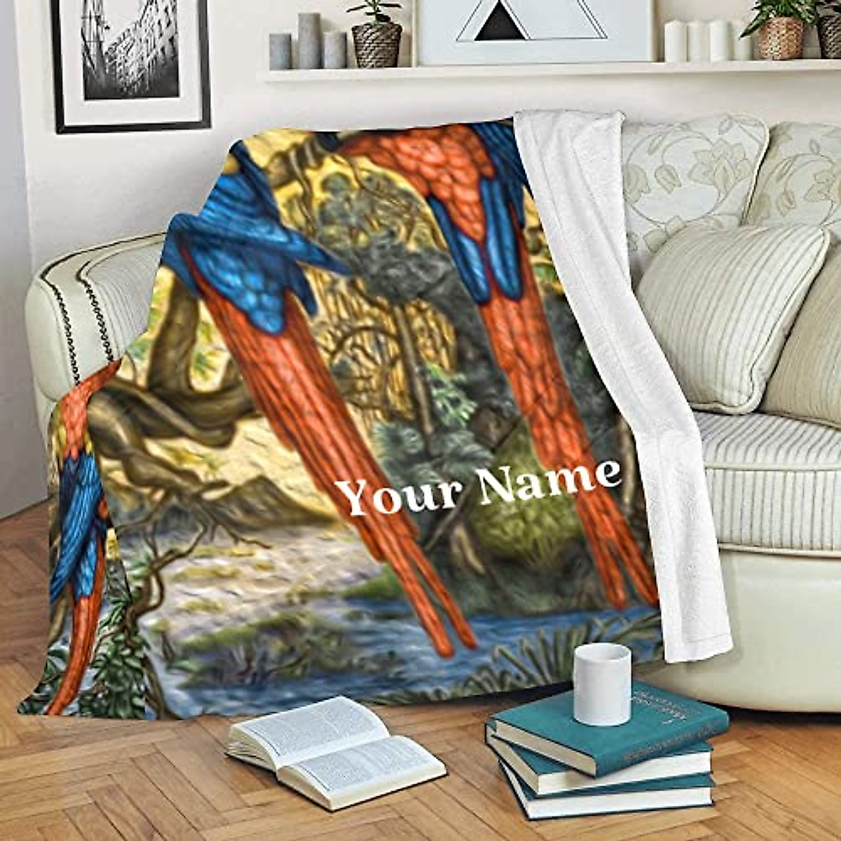 CUXWEOT Custom Blanket with Name Text,Personalized Macaw Parrots Super Soft Fleece Throw Blanket for Couch Sofa Bed (50 X 60 inches)