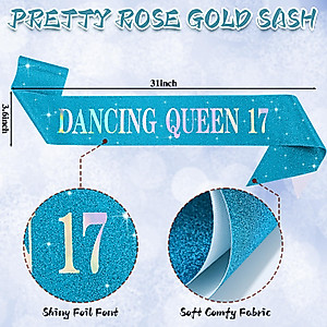 Crowye 17th Dancing Queen Gifts Dancing Queen 17 Cake Topper 17th Tiara Crown Sash Candles 17 Birthday Decorations for Party Accessories(Blue)