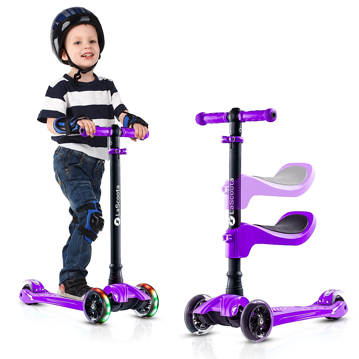 LaScoota 2-in-1 Kids Kick Scooter, Adjustable Height Handlebars and Removable Seat, 3 LED Lighted Wheels and Anti-Slip Deck, for Boys & Girls Aged 3-12 and up to 100 Lbs.