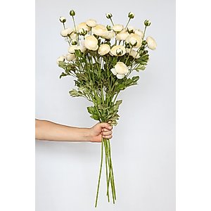 Artificial Fake Ranunculus Flowers | Beautiful Wedding, Home, Garden & Party Decorations | Gift Idea | 6 Lush Flower Stems, Handcrafted Flowers Designed by Florists (White)