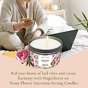 MAGNIFICENT101 Flower Intention Smudge Candle for House Energy Cleansing, Banishes Negative Energy I Purification and Chakra Healing - Natural Soy Wax Tin Candle 6oz (Peony)